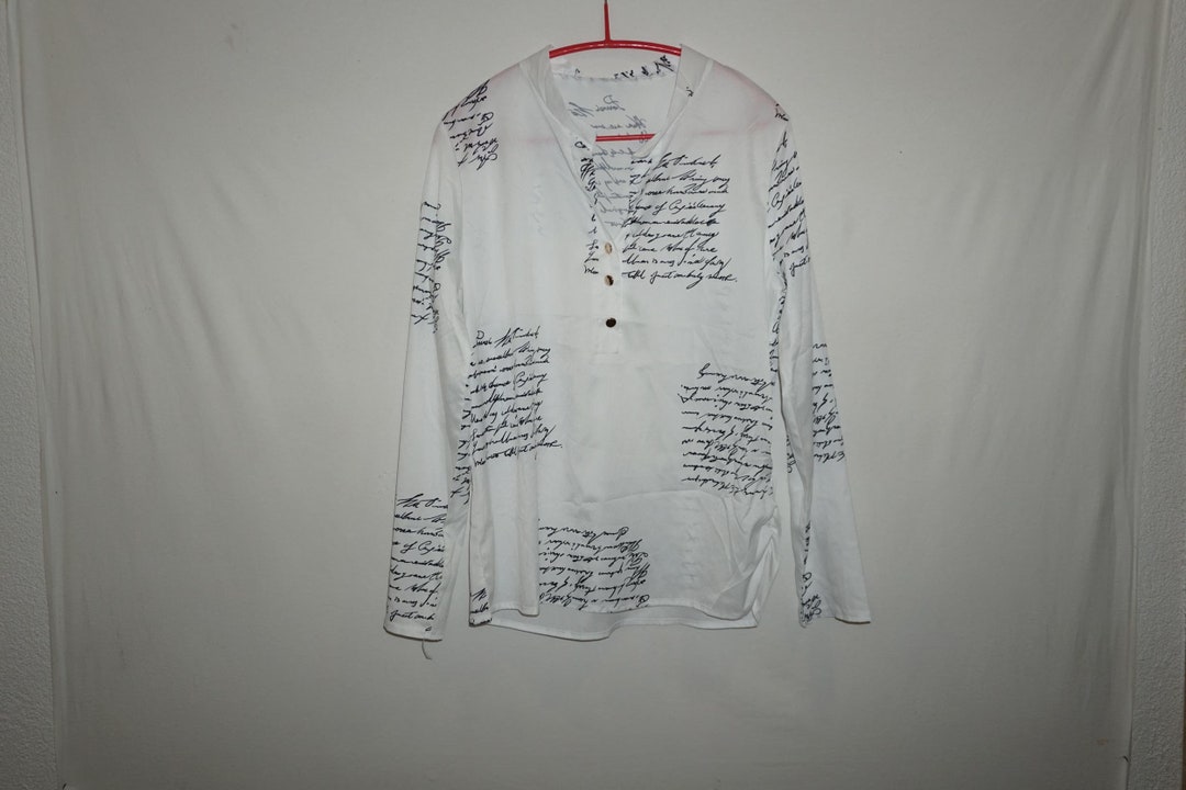 Vintage Black White Words Print Pull Over Half Button up Shirt Blouse ...