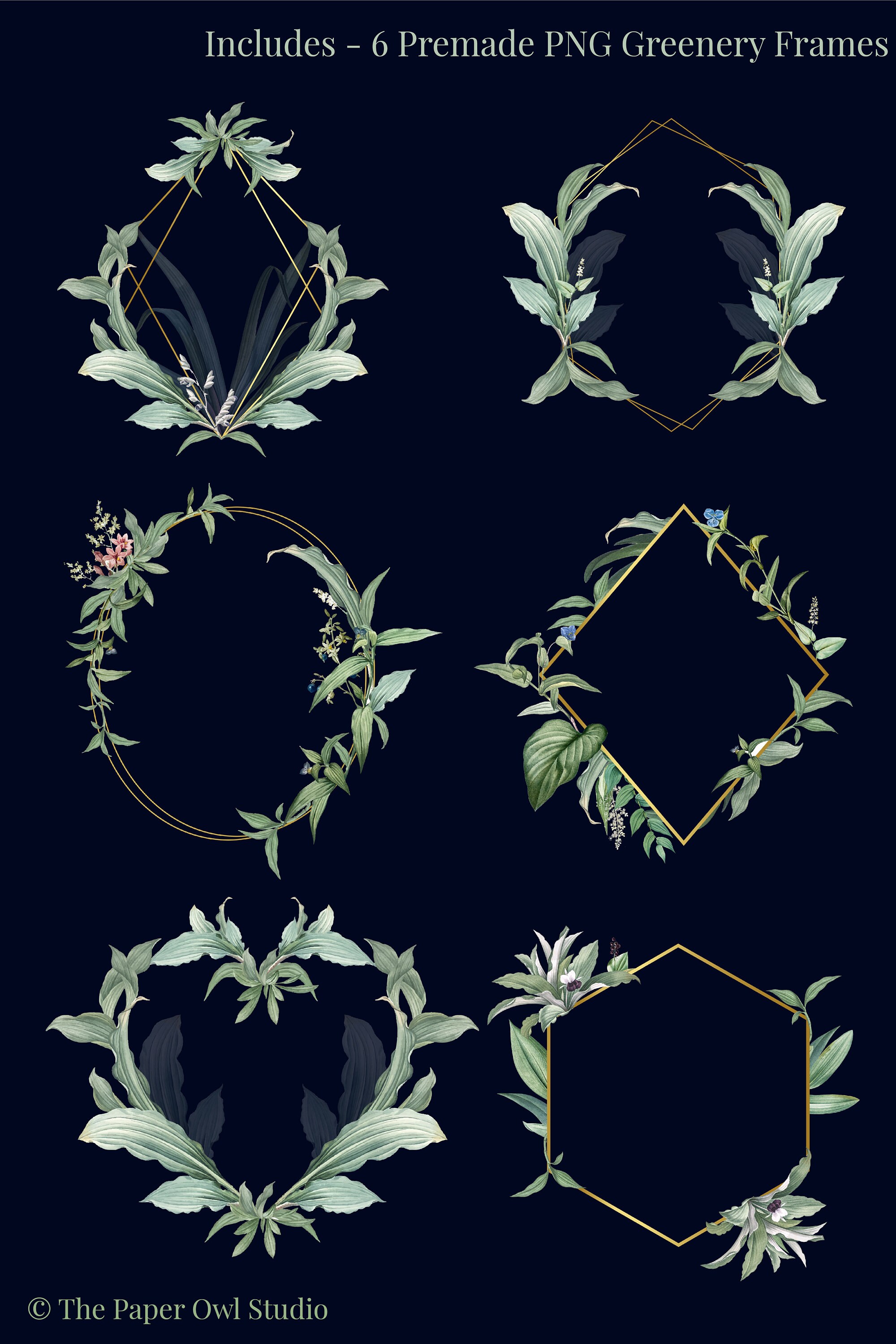 Watercolor Greenery Clipart, Gold Foliage Frames, Wedding Invitation ...