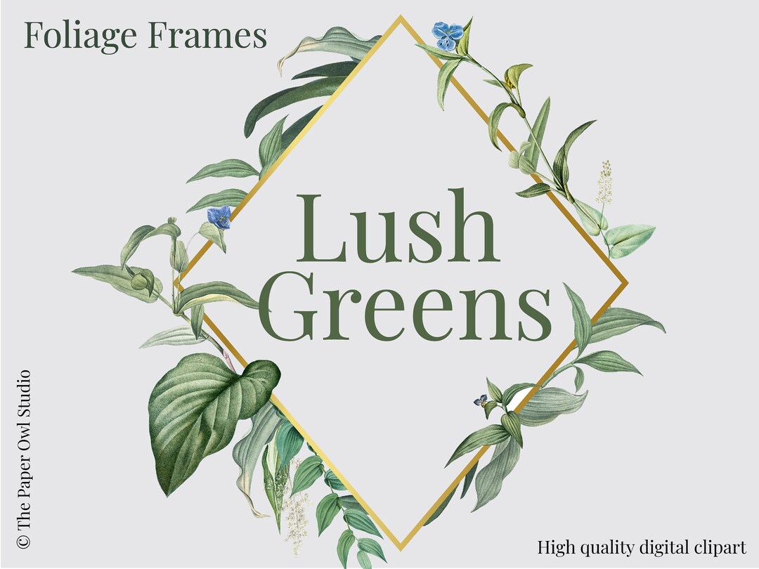 Watercolor Greenery Clipart, Gold Foliage Frames, Wedding Invitation ...