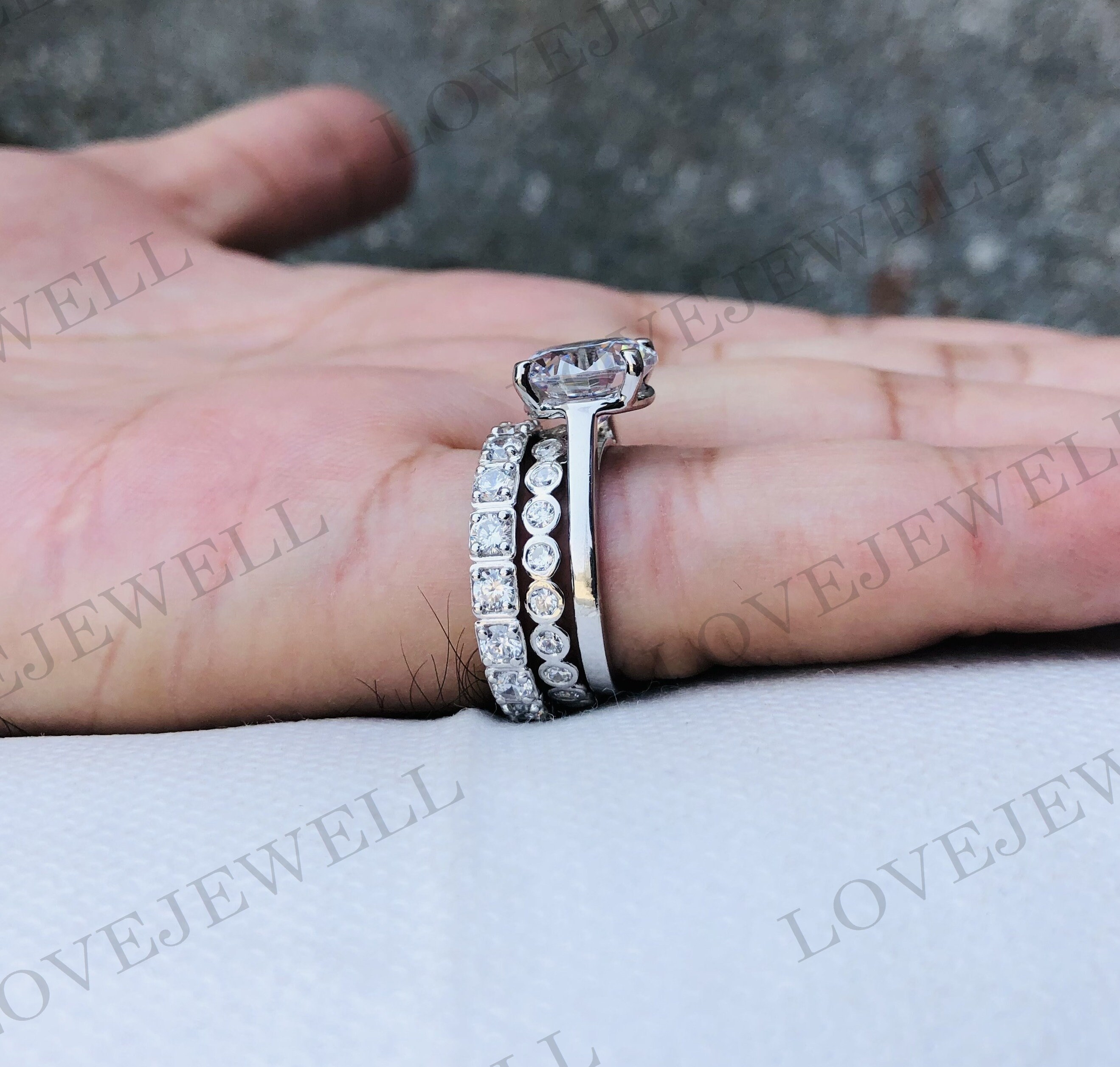 Trio Wedding Ring Set 7.50ct.t.w. Round Diamond Soliatre Ring - Etsy