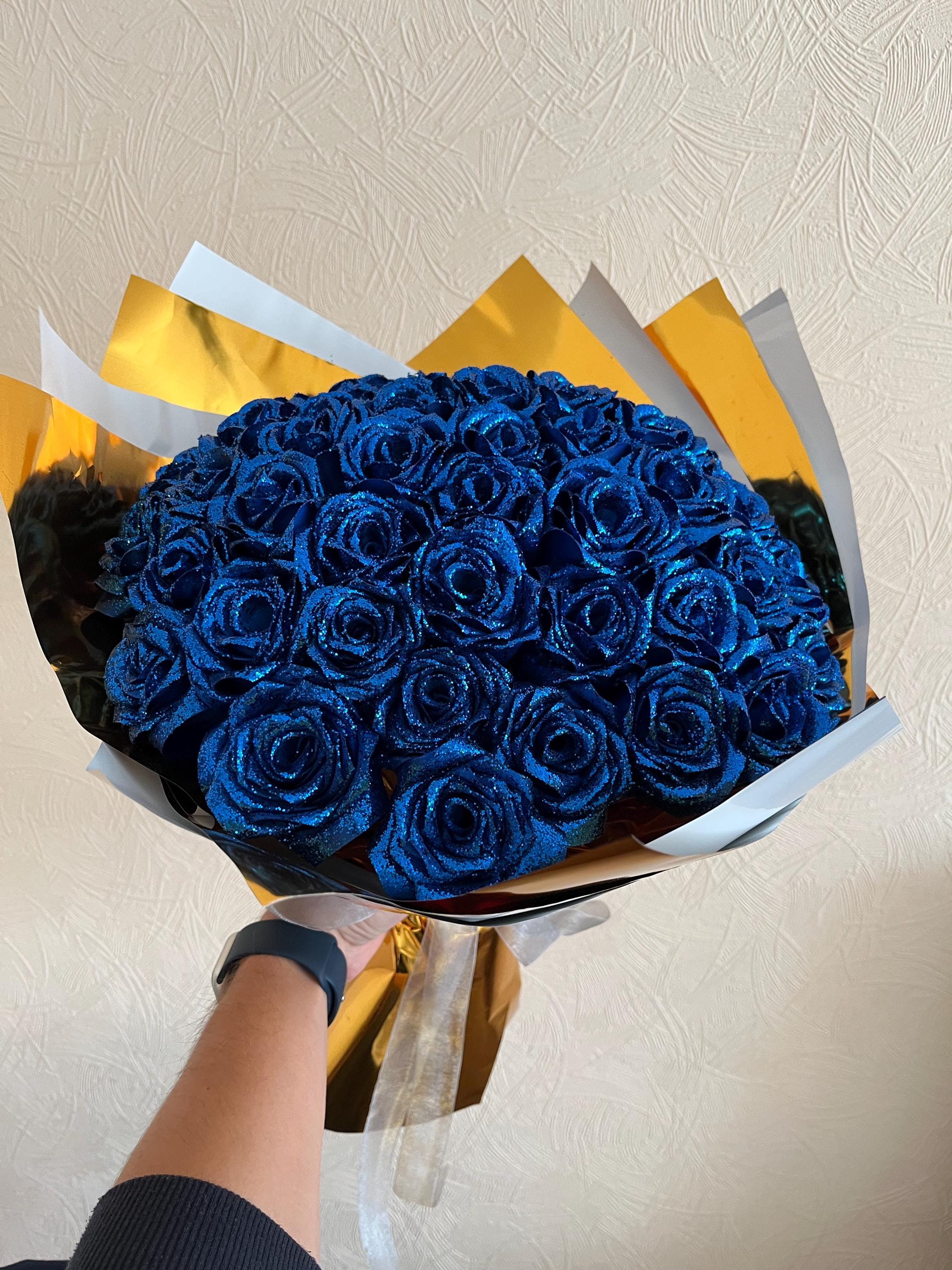 Custom Blue Eternal Rose With Glitter, Bouquet of Artificial Flowers ...