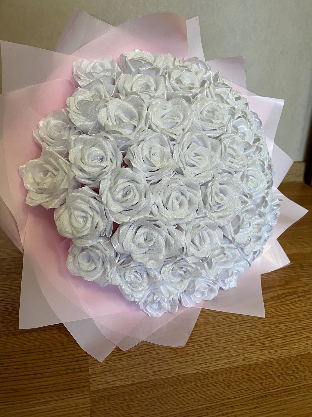 White Eternal Rose With Custom Wrapper, Bouquet Artificial Flowers ...