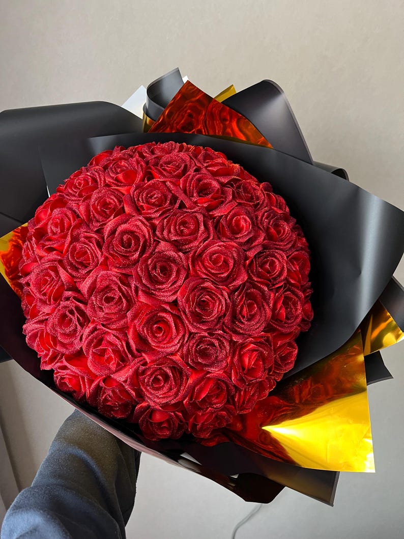 Custom Red Eternal Rose With Glitter, Bouquet of Artificial Flowers ...