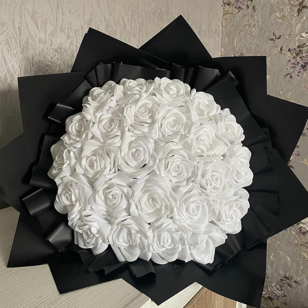White Eternal Rose With Custom Wrapper, Bouquet Artificial Flowers ...