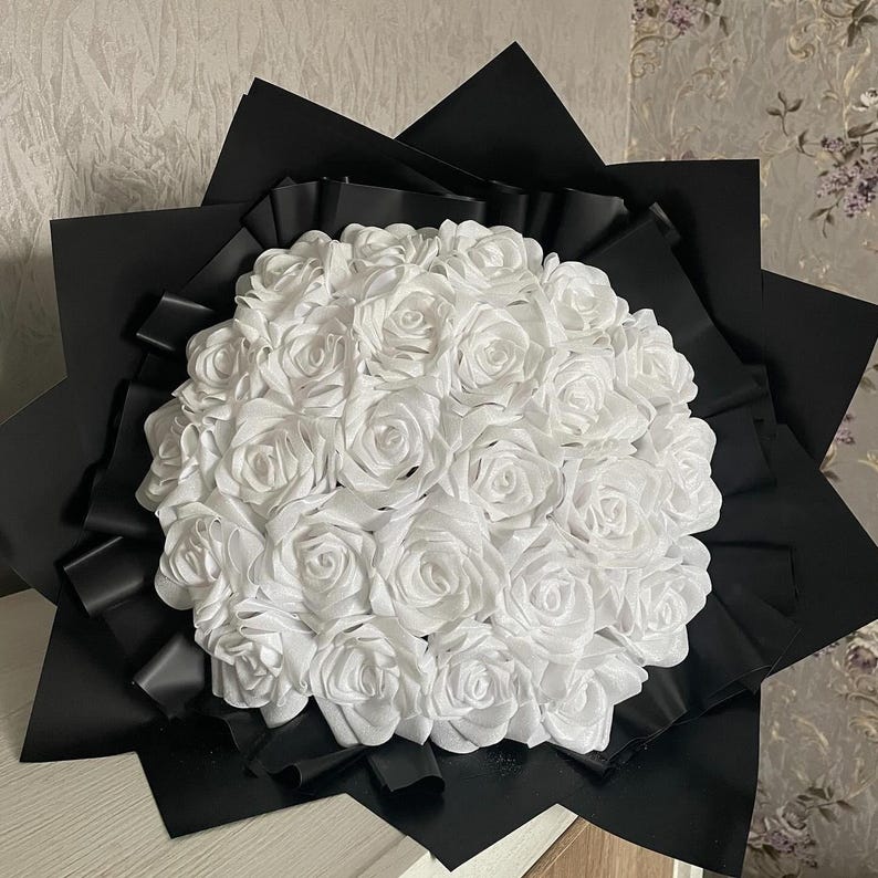 White Eternal Rose With Custom Wrapper, Bouquet Artificial Flowers ...