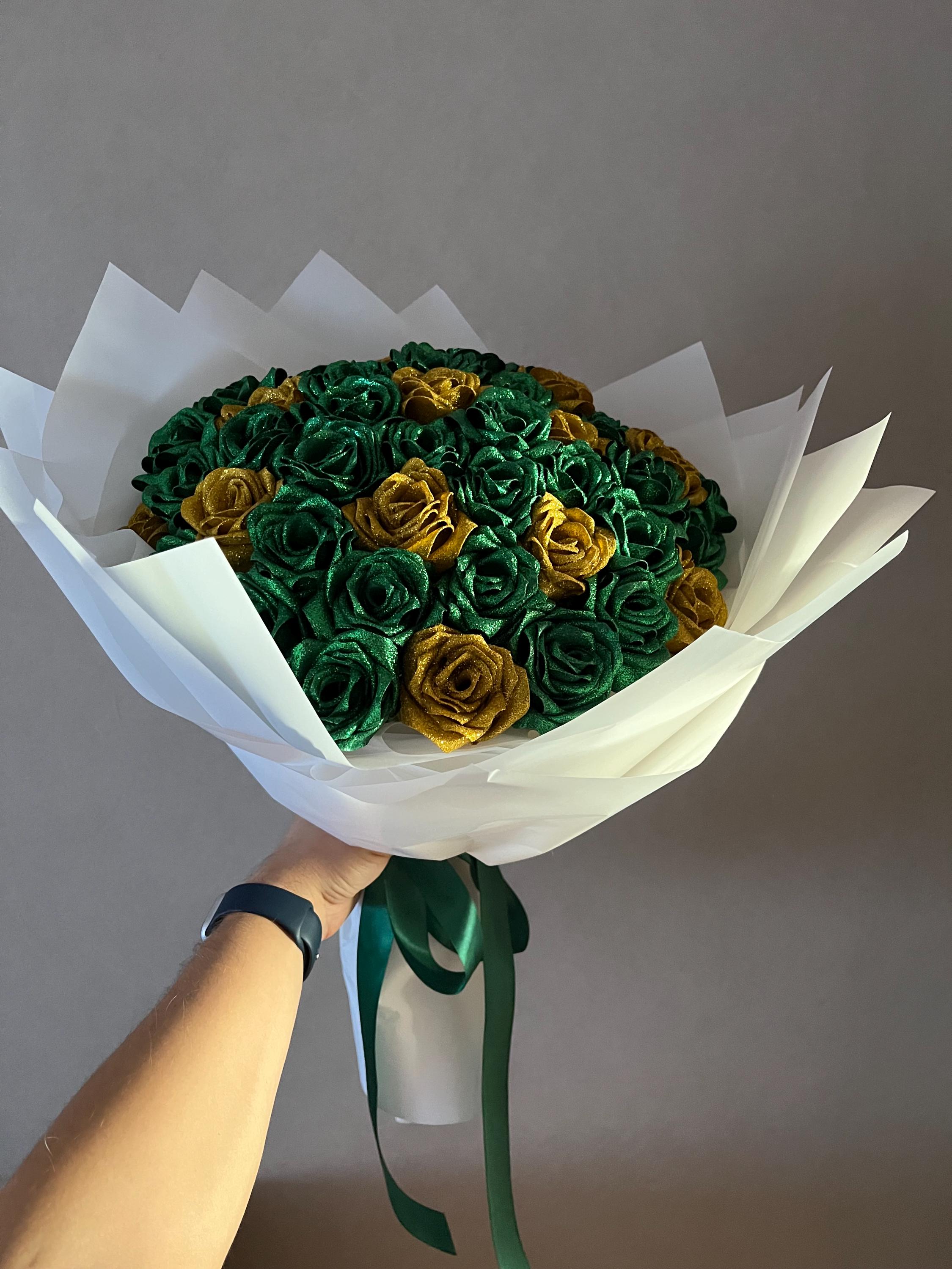 Custom Green and Gold With Glitter Eternal Rose, Bouquet Artificial ...