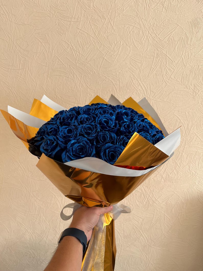 Custom Blue Eternal Rose With Glitter, Bouquet of Artificial Flowers ...