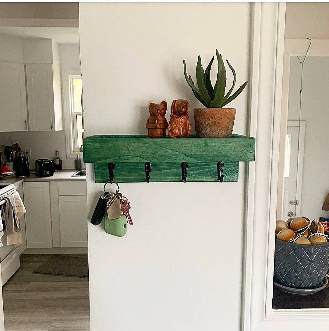 Handmade Stained Wood Wall Mounted Key Holder With Shelf - Etsy