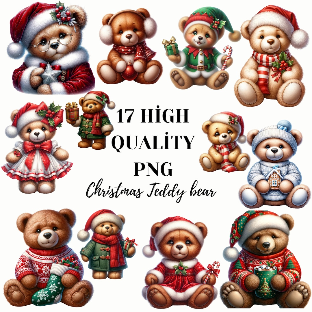 Watercolor Christmas Teddy Bear Clipart 17 PNG Holiday Teddy - Etsy