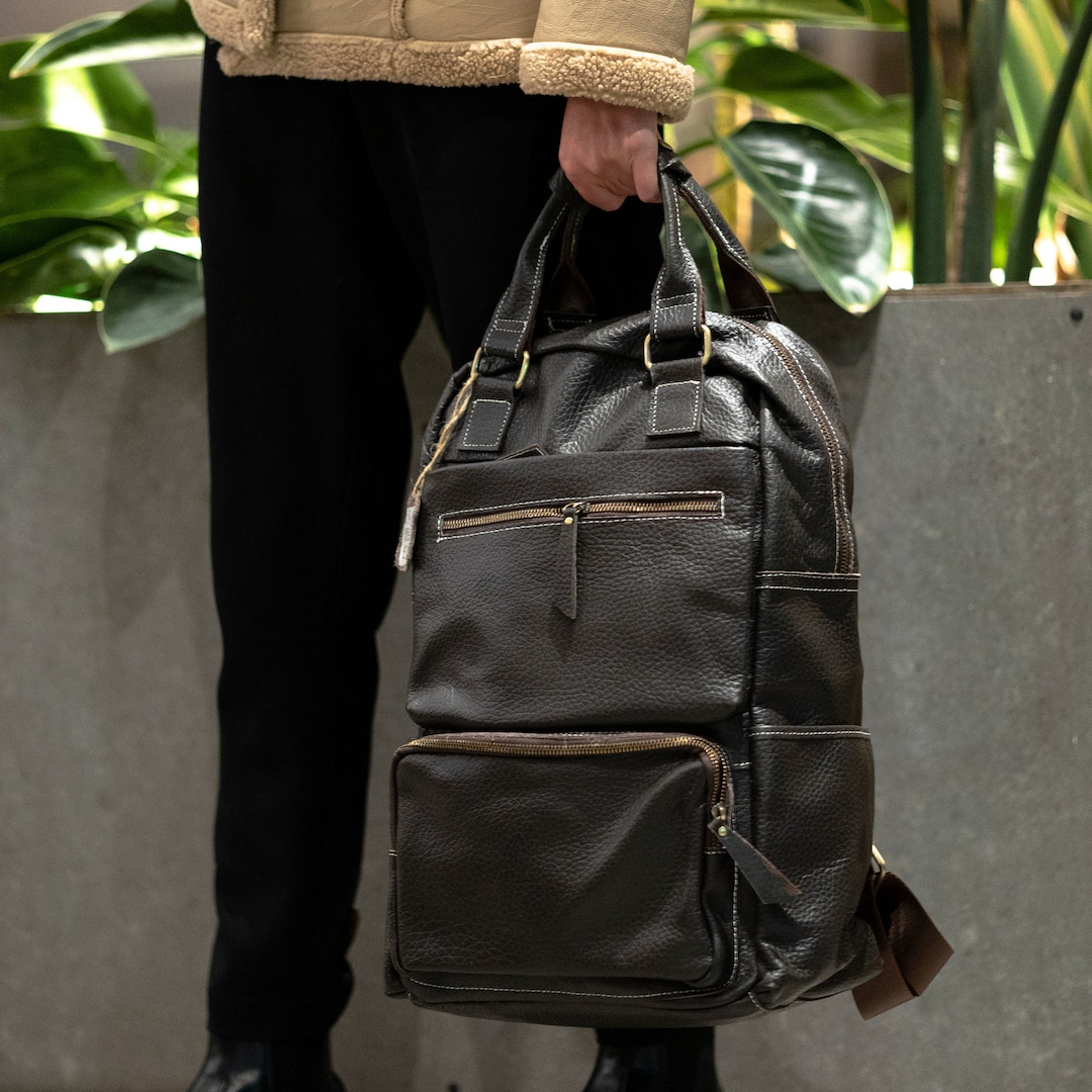 Espresso Dark Brown Leather Backpack With Dual Belt Closure - Etsy