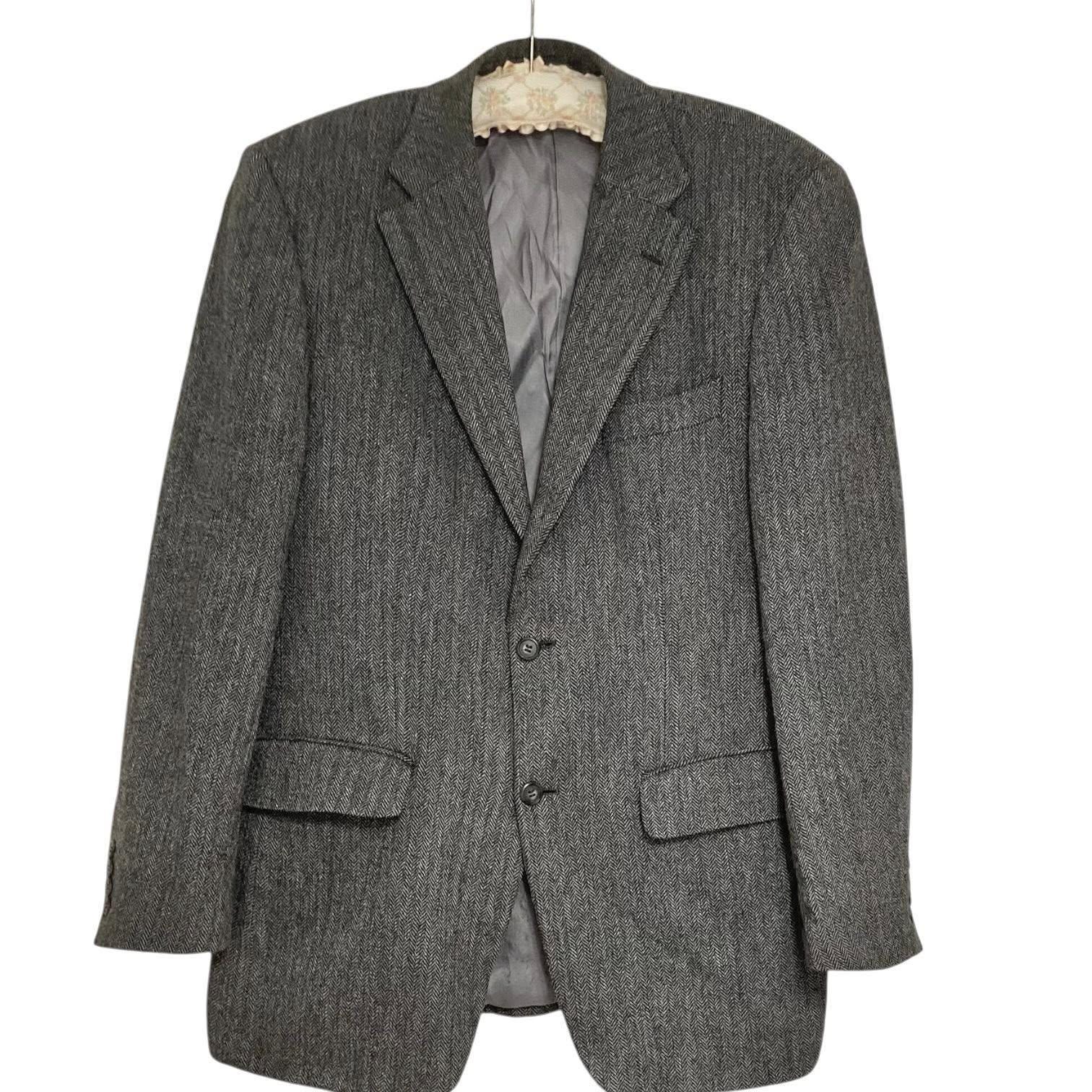 Vintage Tweed Jacket Grey Tweed Herringbone Jacket Tweed Blazer Jacket ...