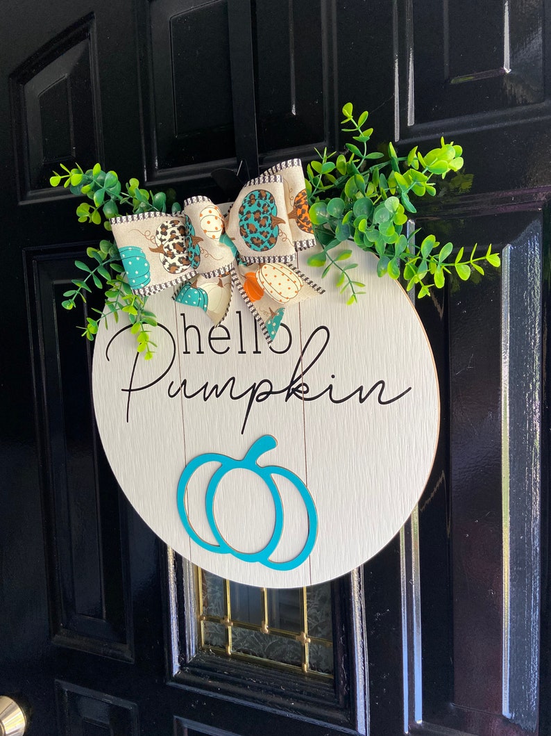 Hello Pumpkin Door Sign, Fall Door Sign With Bow, Wood Fall Door Decor ...