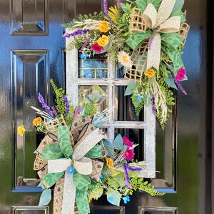 Window Pane Wreath for Front Door, Farmhouse Floral Door Hanger ...