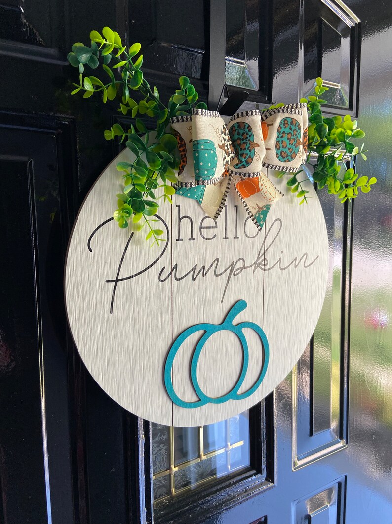 Hello Pumpkin Door Sign, Fall Door Sign With Bow, Wood Fall Door Decor ...