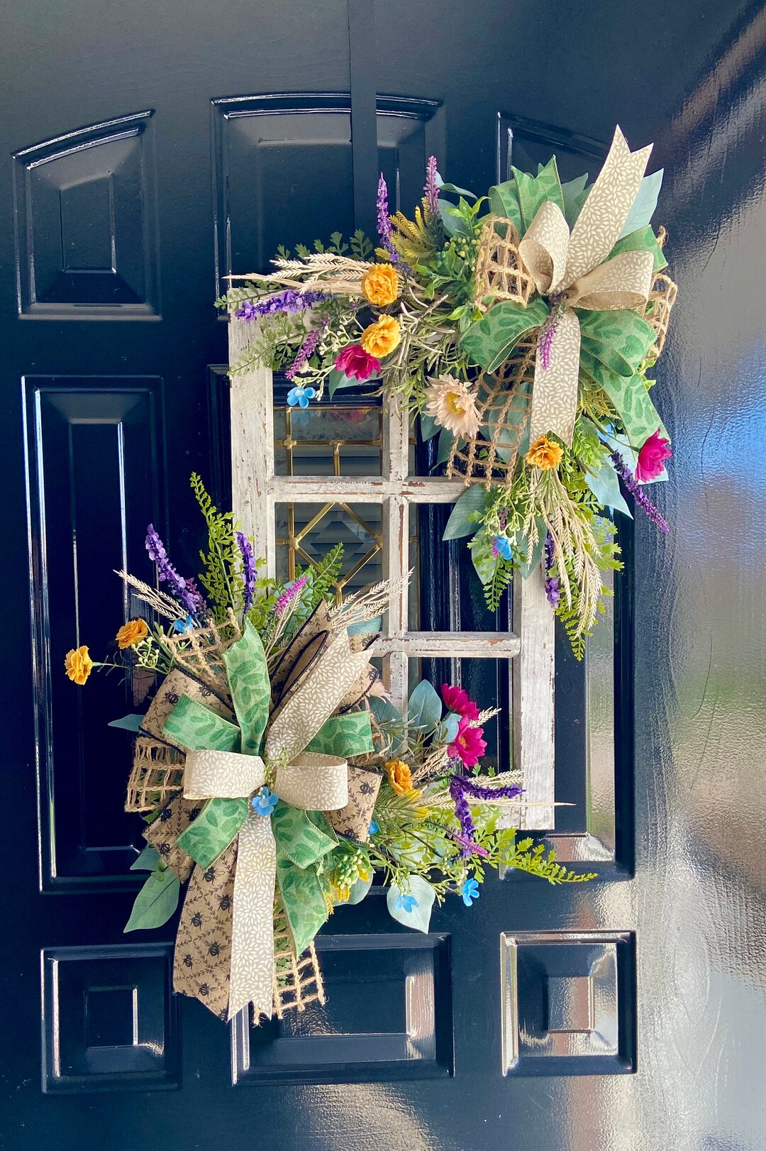 Window Pane Wreath for Front Door, Farmhouse Floral Door Hanger ...