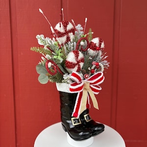 Santa Boot Christmas Arrangement With Peppermint Accents, Holiday ...
