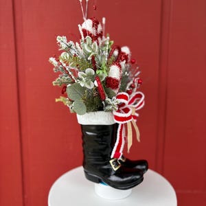 Santa Boot Christmas Arrangement With Peppermint Accents, Holiday ...