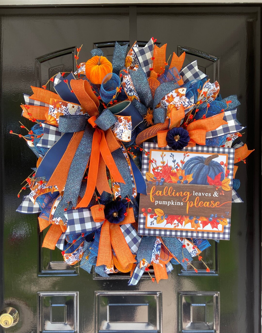 Handmade Fall Wreath: Pumpkin, Plaid, Glitter - 'falling Leaves Please' - Etsy