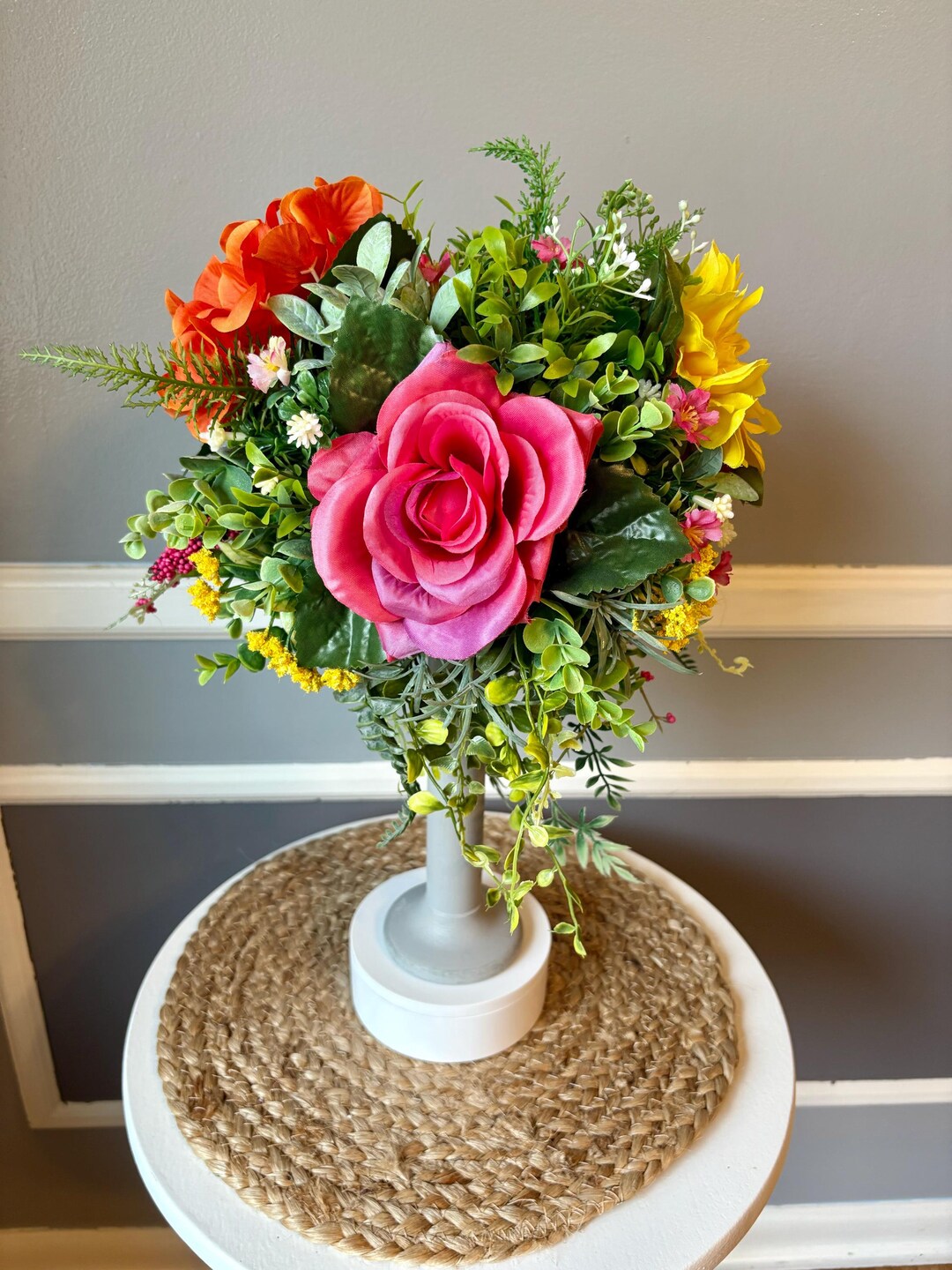 Floral Candlestick Centerpiece: Pink, Yellow, Orange Summer Arrangement ...