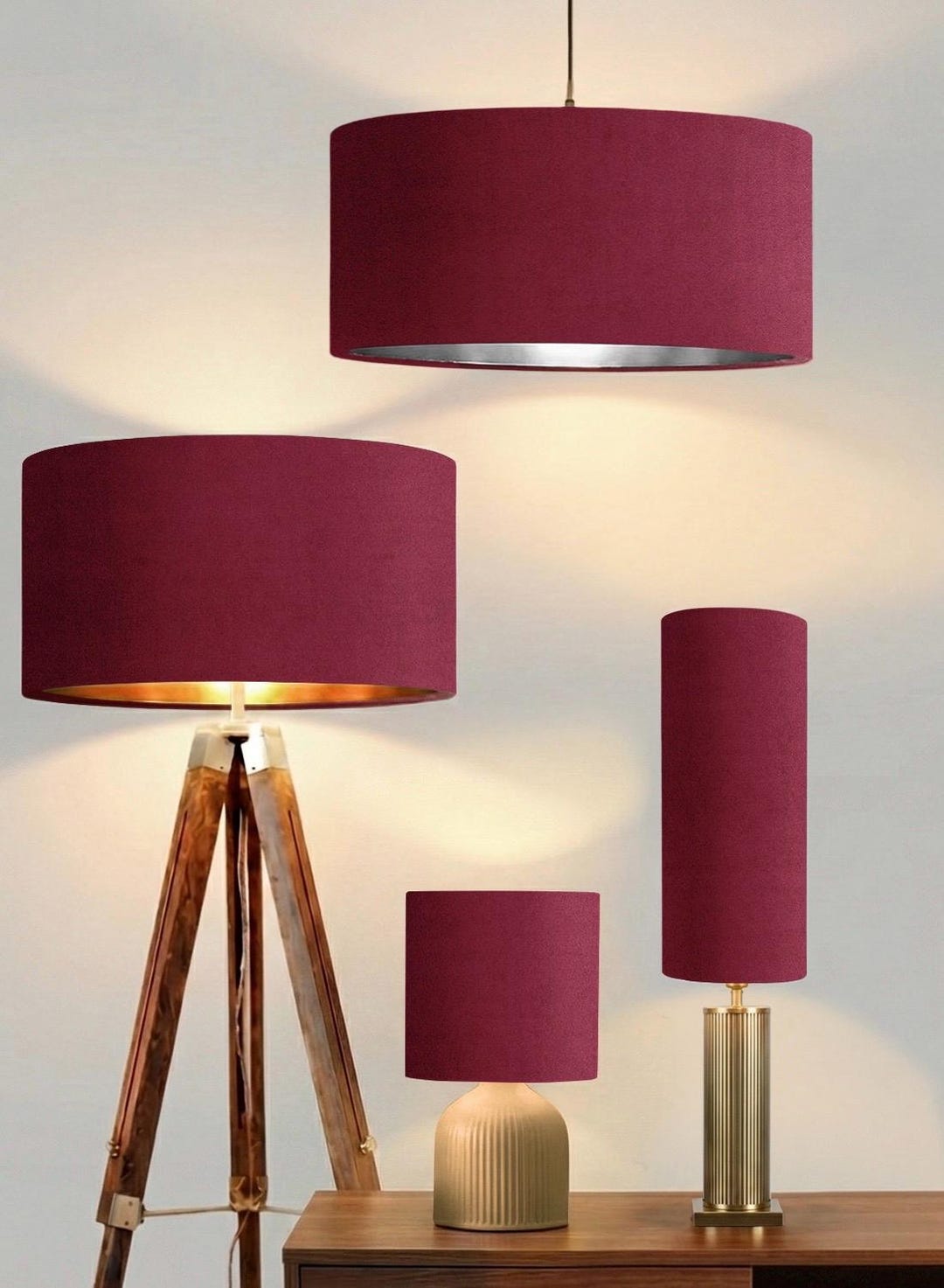 New Luxury Handmade Cranberry Red Velvet Upholstery Velvet Drum Lamp ...