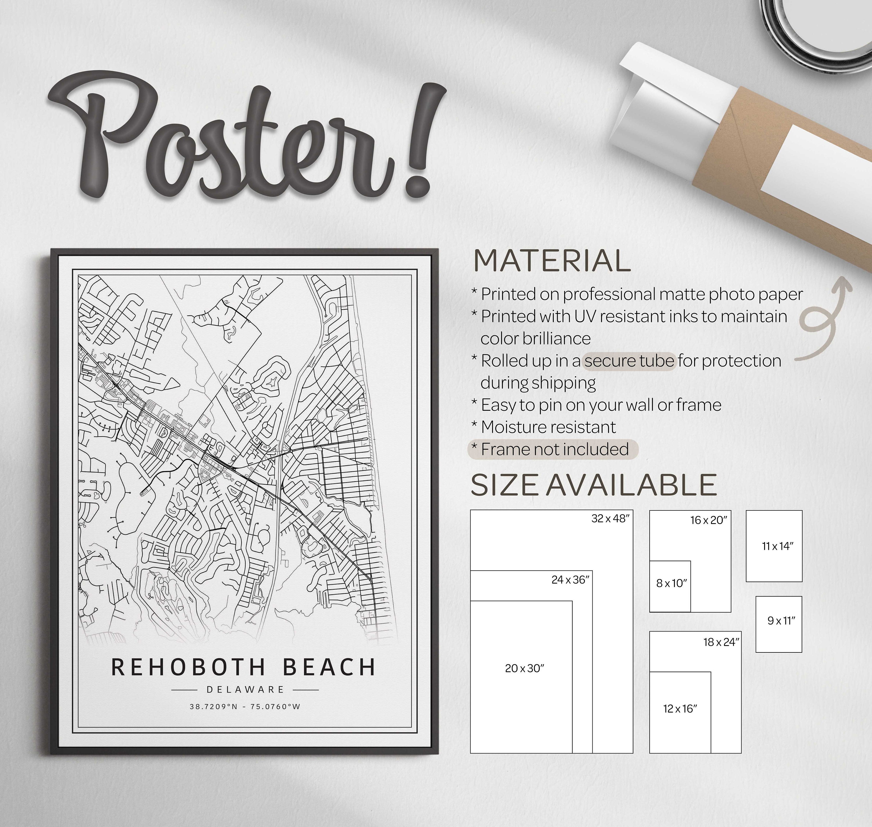 Rehoboth Beach DE Street Map Print | Acrylic Rehoboth Beach Map Print ...