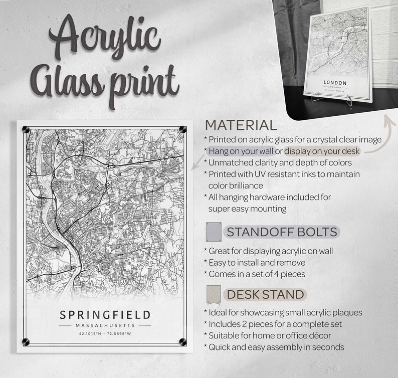 Springfield MA Street Map Print | Acrylic Glass Springfield City Map ...