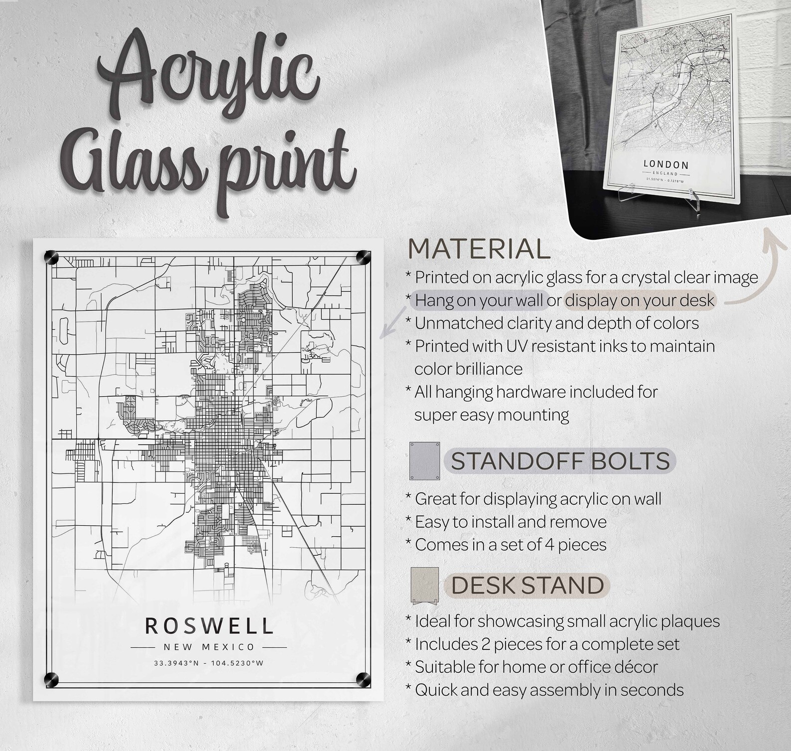 Roswell NM Street Map Print | Acrylic Glass Roswell City Map Print ...