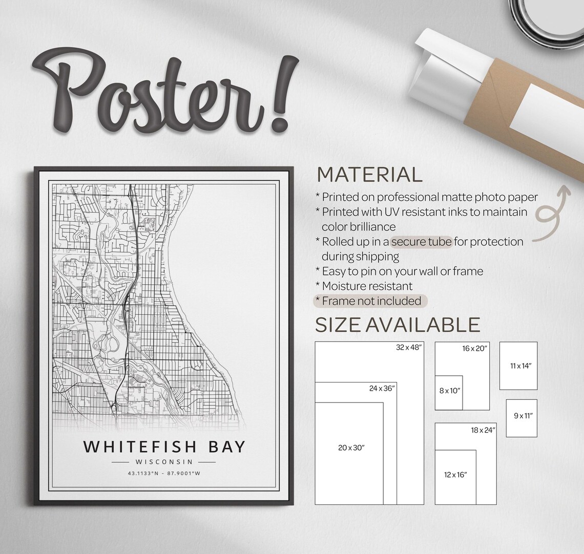 Whitefish Bay WI Street Map Print | Acrylic Glass Whitefish Bay Map ...