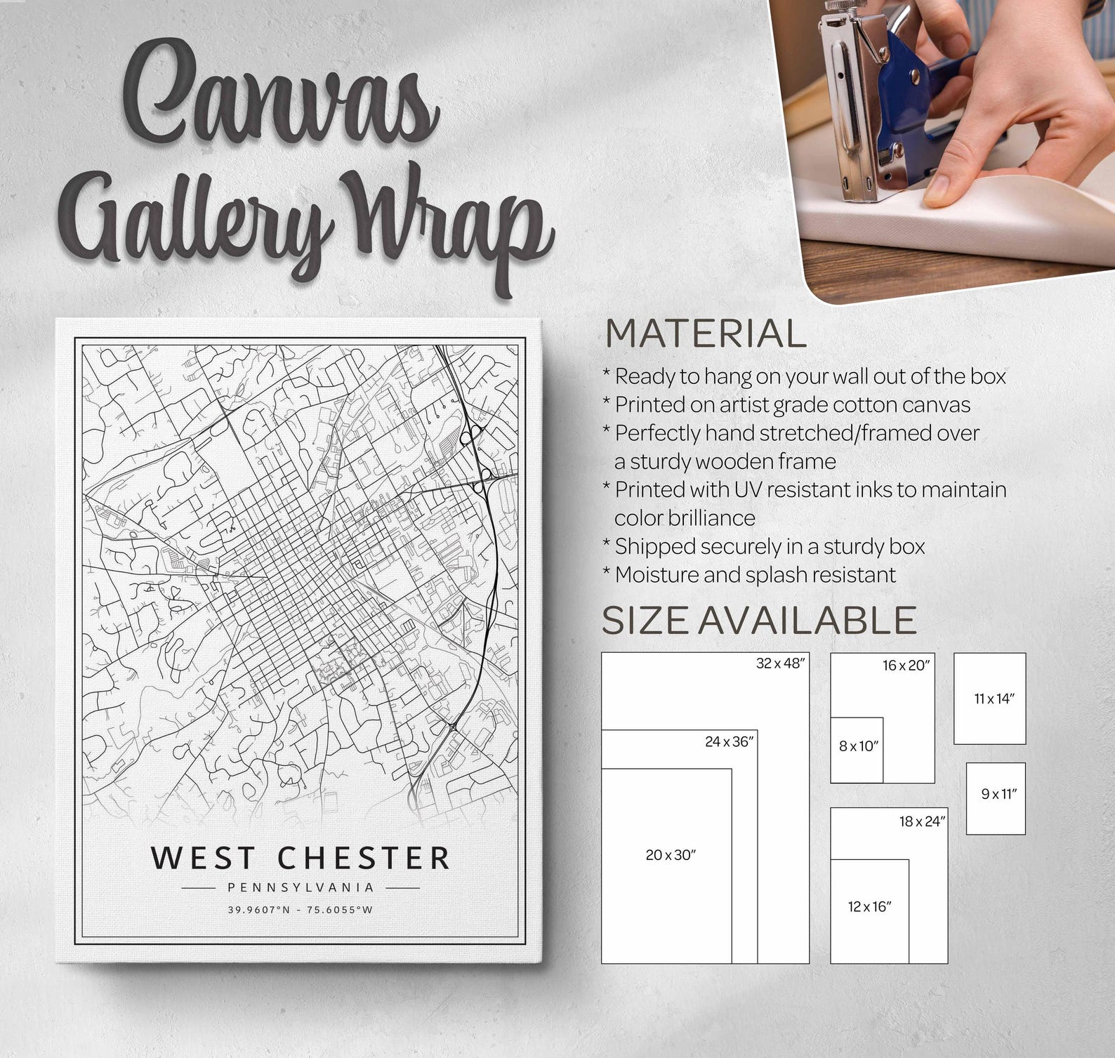 West Chester PA Street Map Print | Acrylic Glass West Chester Map Print ...