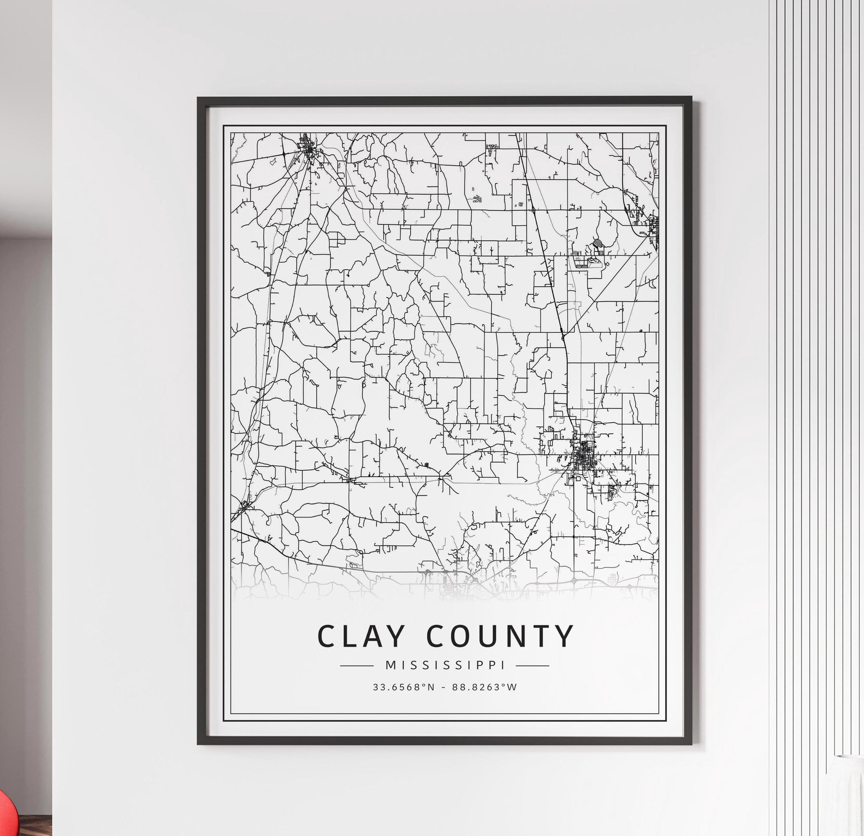 Clay County MS Street Map Print | Acrylic Glass Clay County Map Print ...