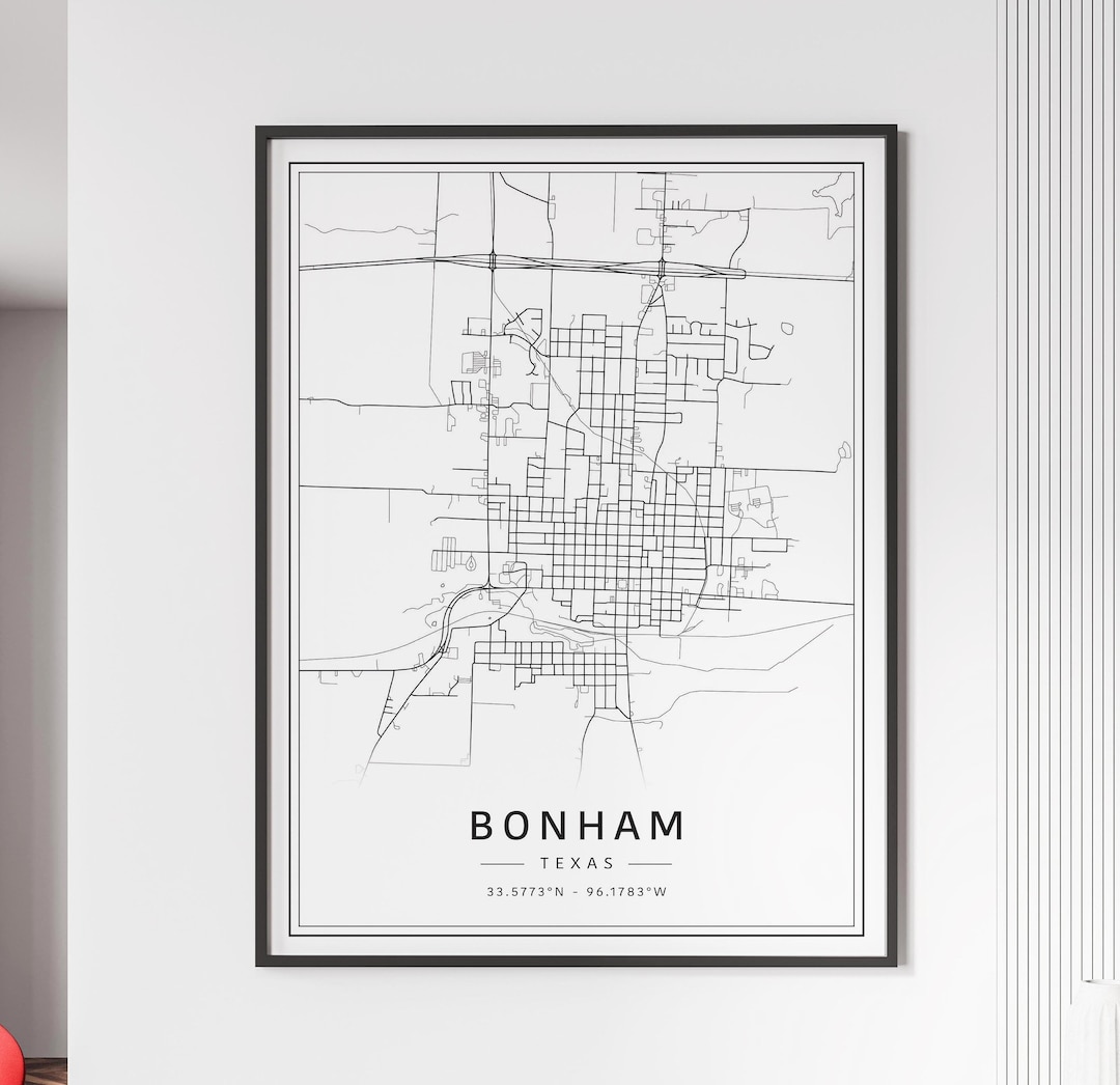 Bonham TX Street Map Print | Acrylic Glass Bonham City Map Print ...