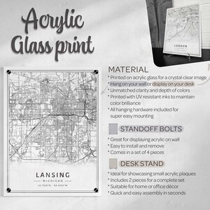 Lansing Michigan Street Map Print | Acrylic Glass Lansing City Map ...