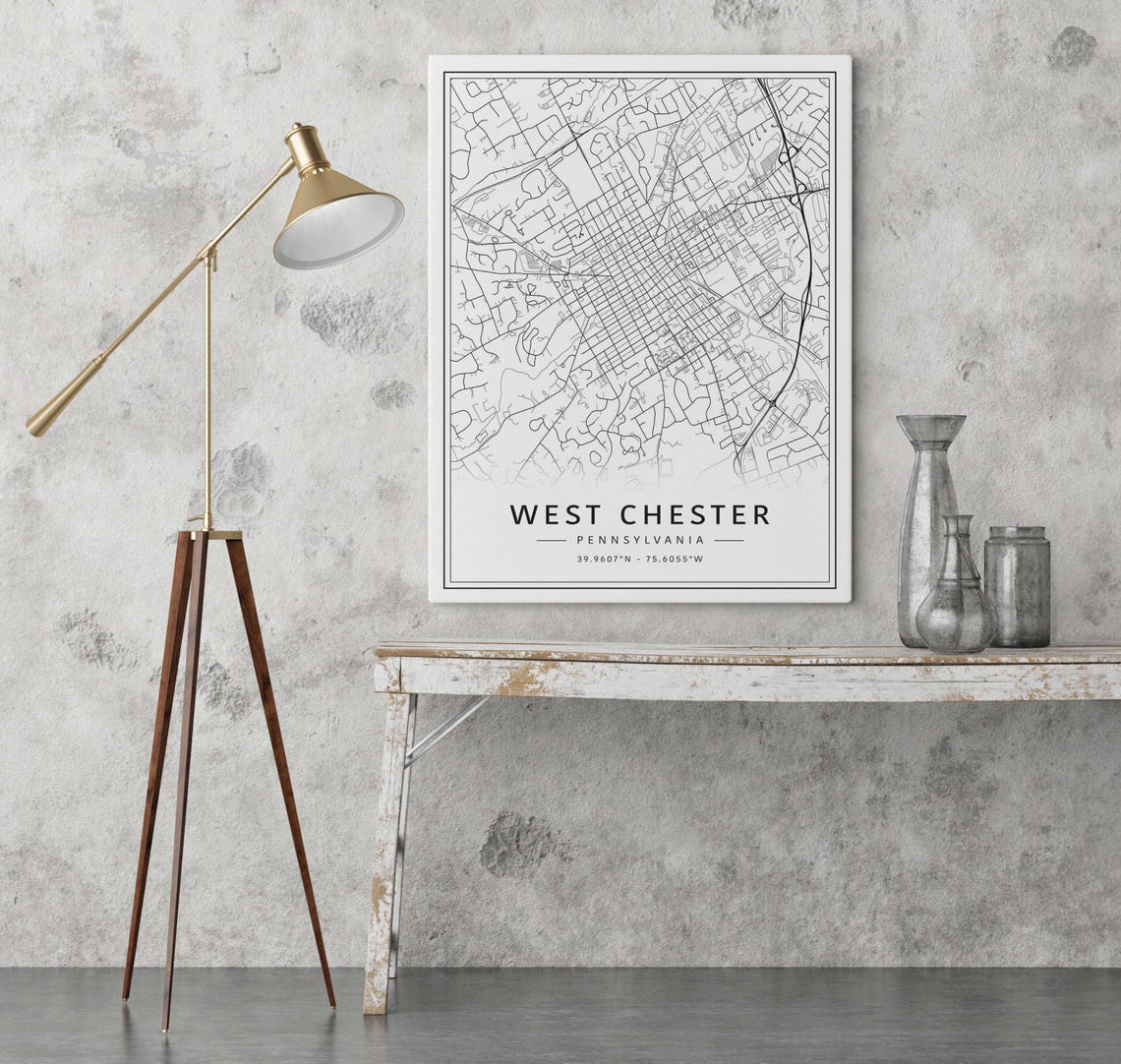 West Chester PA Street Map Print | Acrylic Glass West Chester Map Print ...