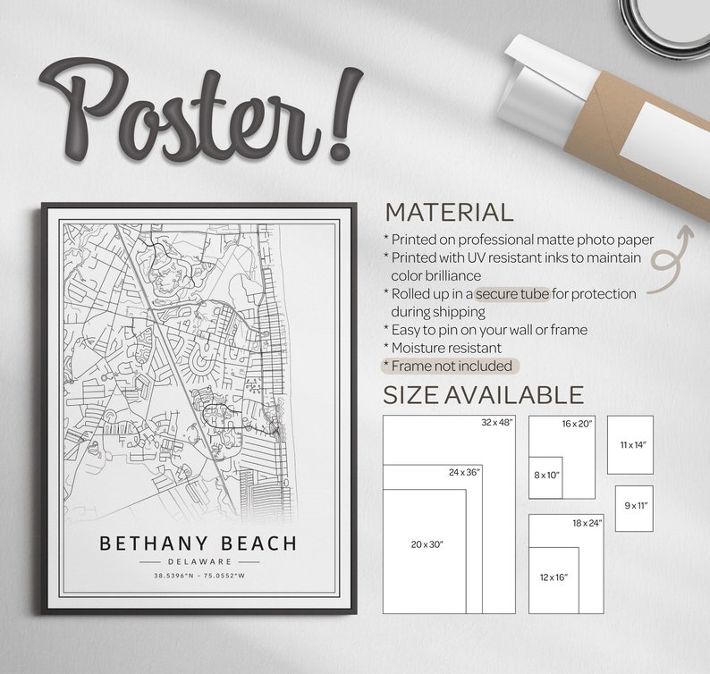 Bethany Beach Street Map Print Acrylic Bethany Beach Map Print Canvas ...