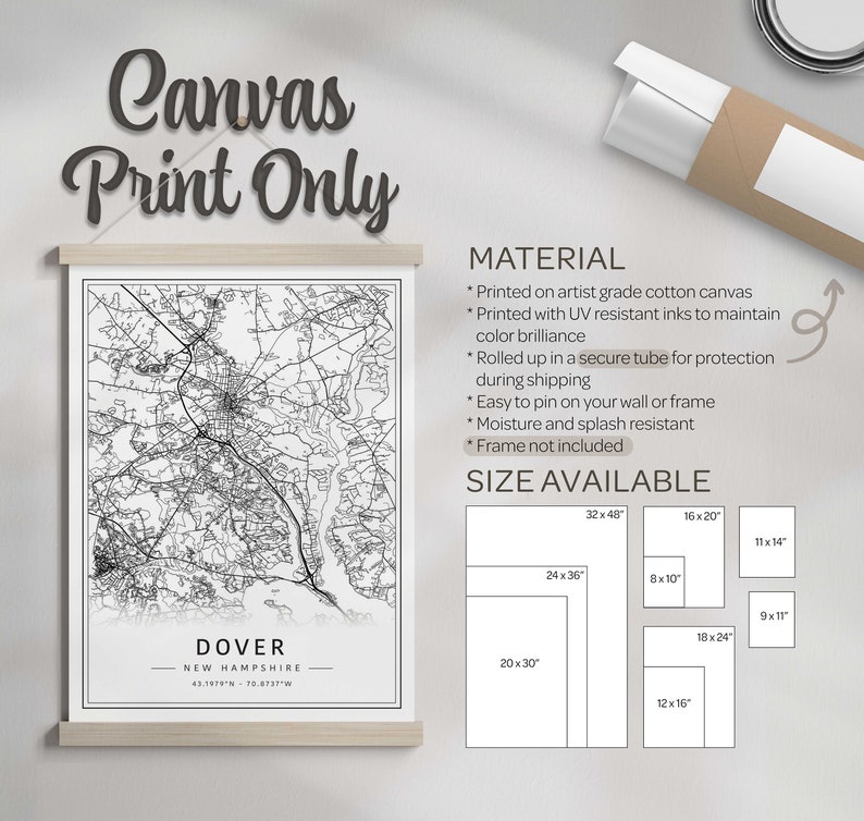 Dover NH Street Map Print Acrylic Glass Dover Map Print Canvas Dover Road Map Print Poster Dover ...