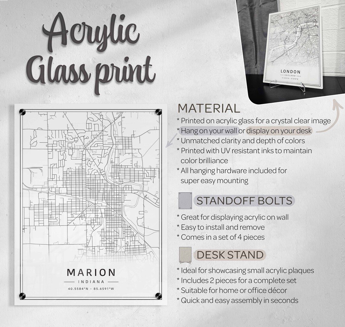 Marion IN Street Map Print | Acrylic Marion City Map Print | Canvas ...