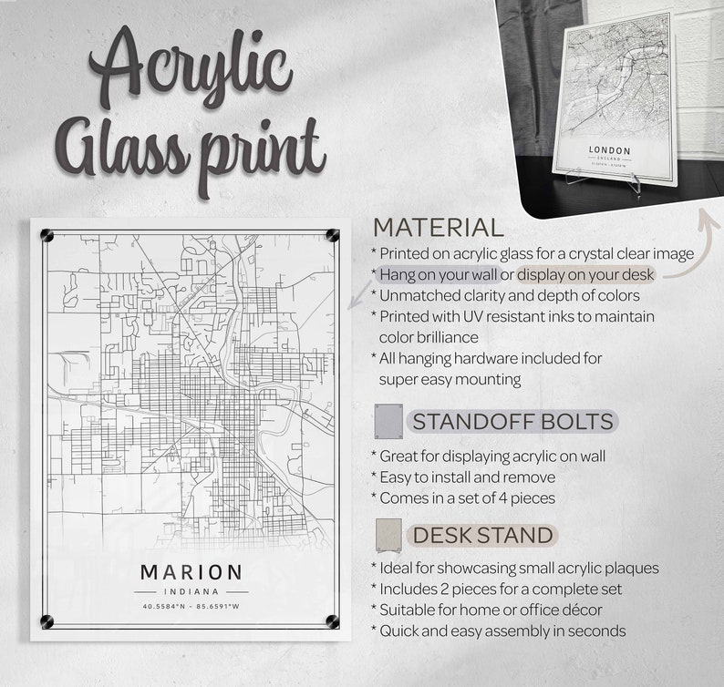 Marion IN Street Map Print | Acrylic Marion City Map Print | Canvas ...