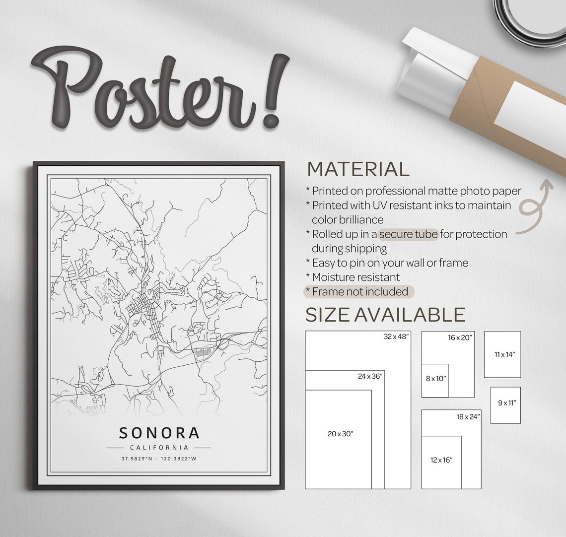 Sonora California Street Map Print Acrylic Glass Sonora City Map Print ...