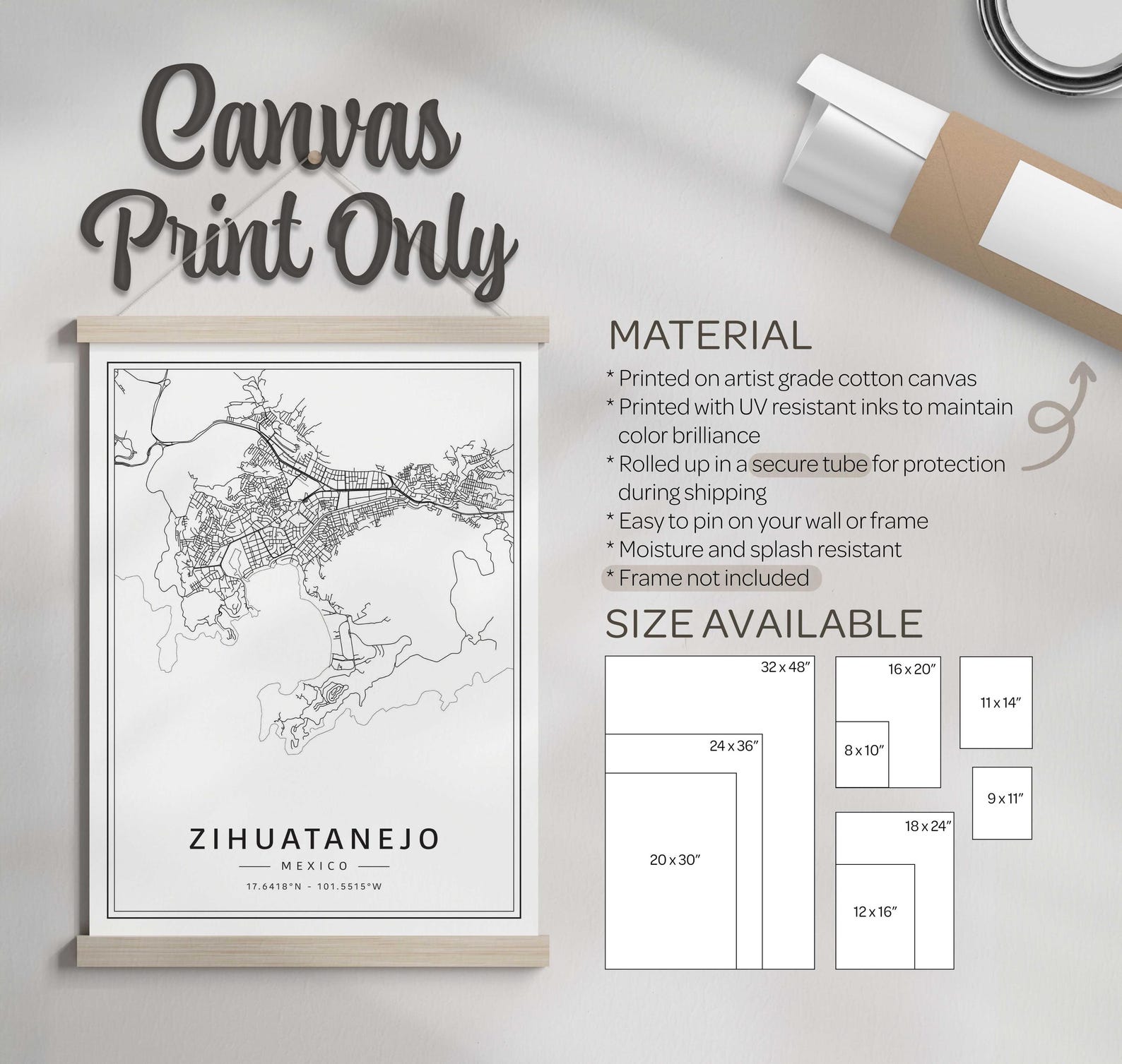 Zihuatanejo Mexico Street Map Print | Acrylic Glass Zihuatanejo City ...