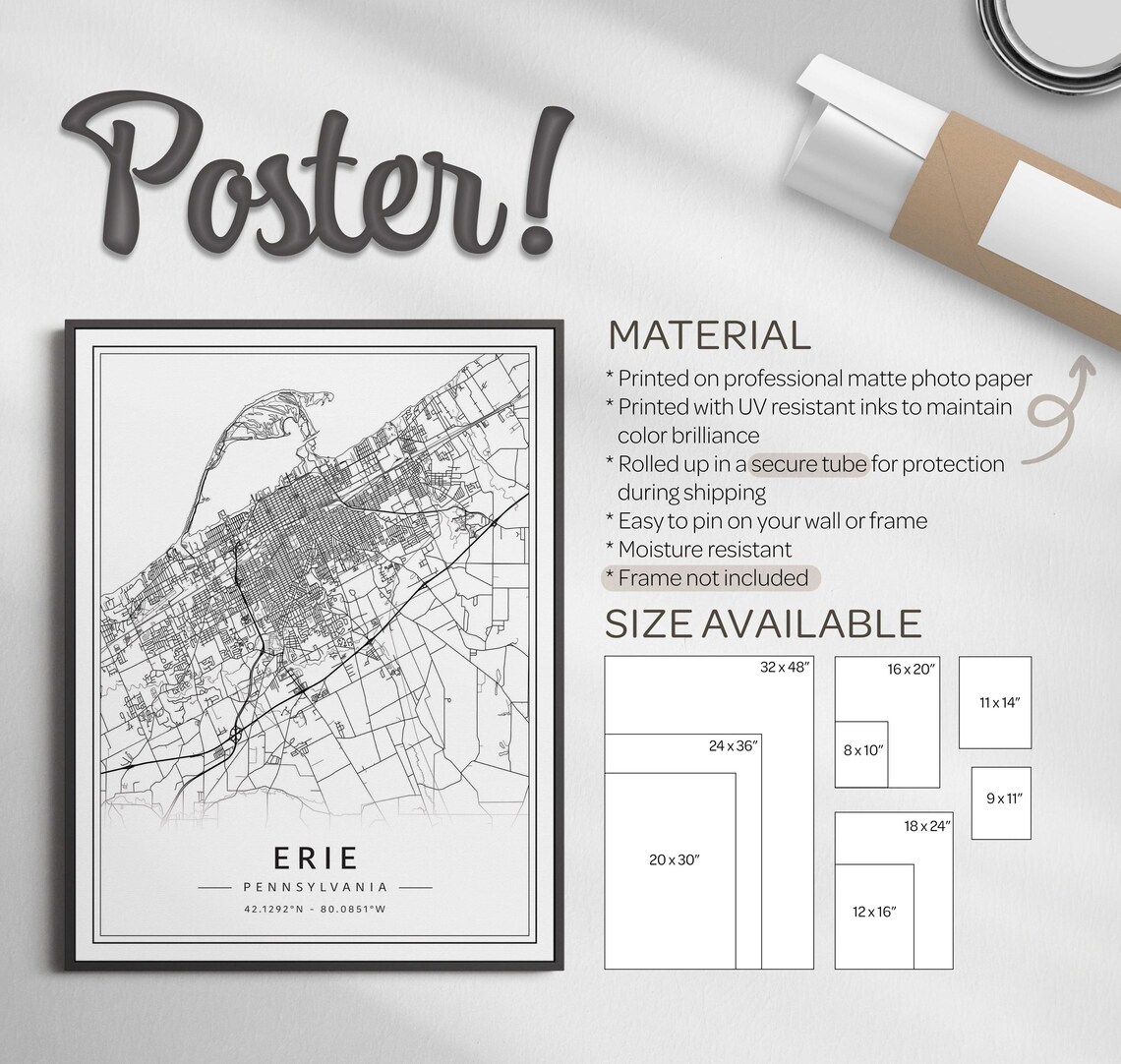 Erie Pennsylvania Street Map Print | Acrylic Erie City Map Print ...