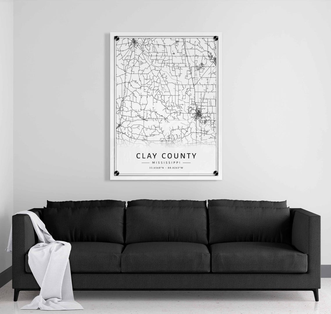 Clay County MS Street Map Print | Acrylic Glass Clay County Map Print ...