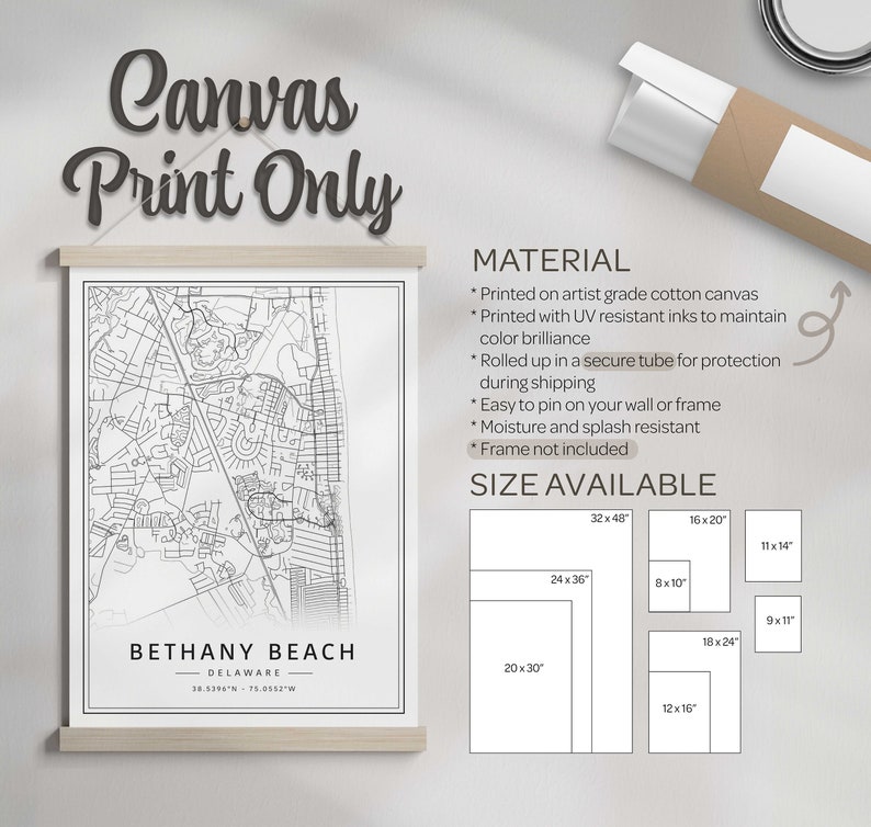 Bethany Beach Street Map Print Acrylic Bethany Beach Map Print Canvas ...