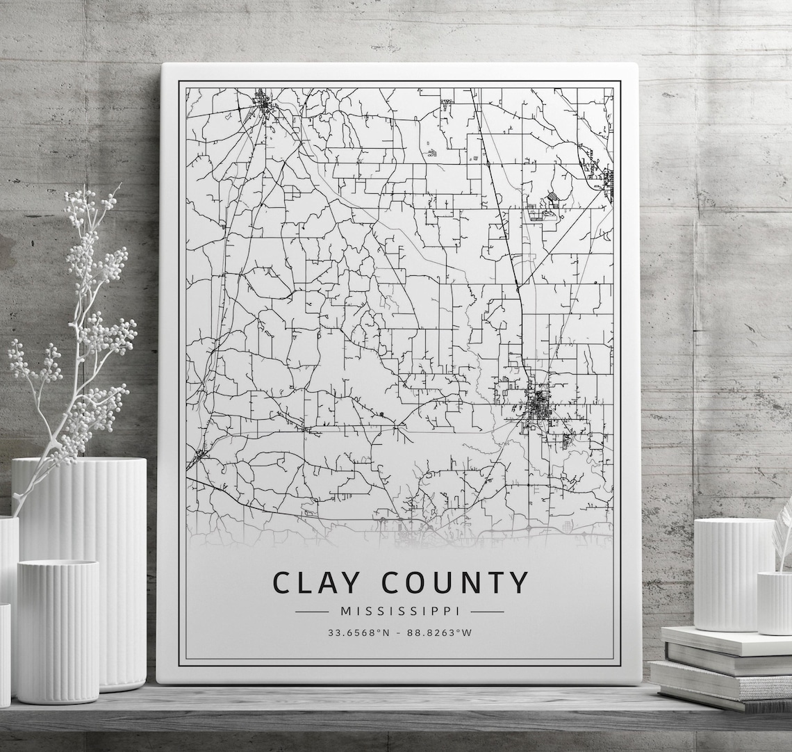 Clay County MS Street Map Print | Acrylic Glass Clay County Map Print ...