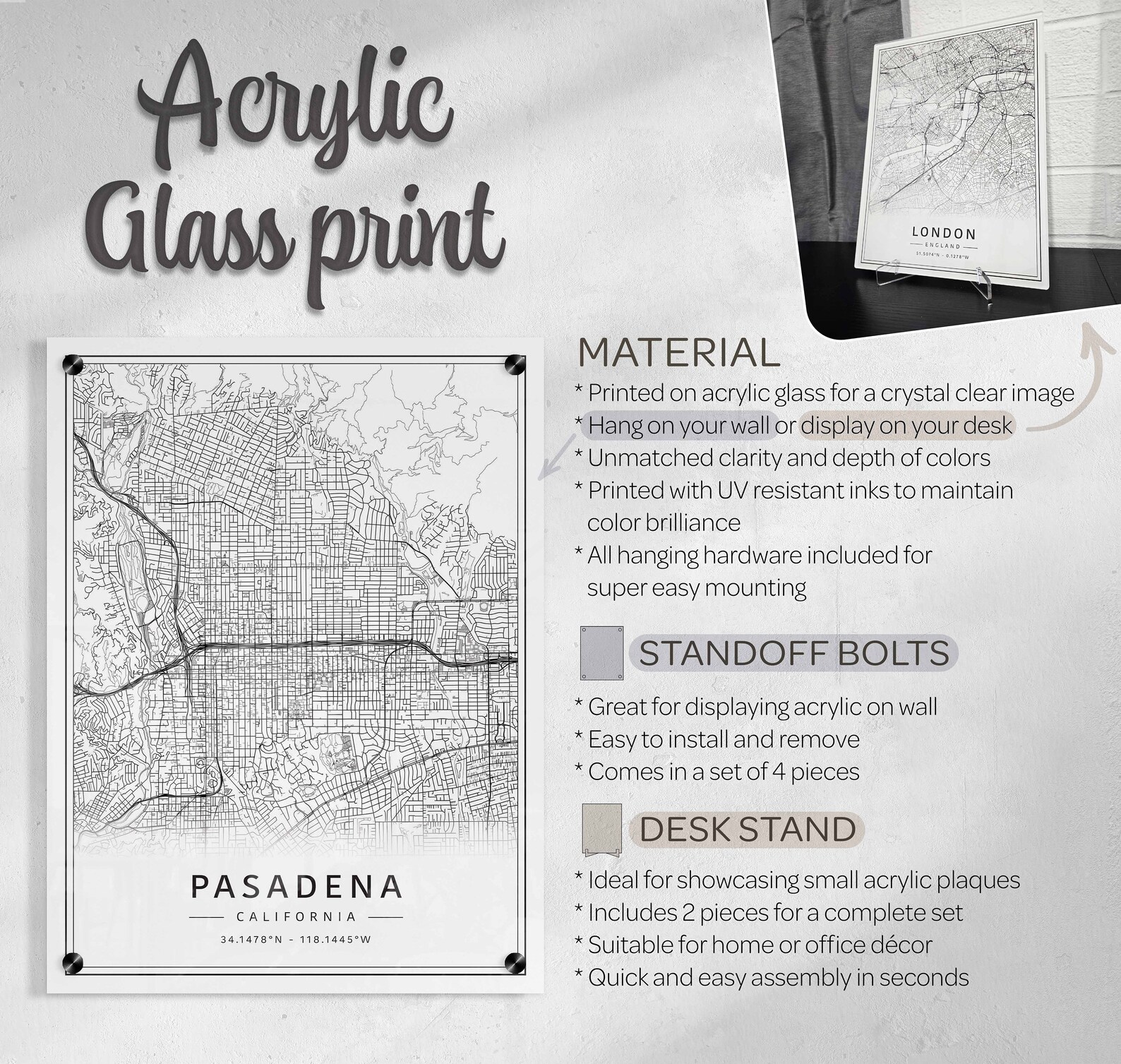 Pasadena California Street Map Print | Acrylic Glass Pasadena Map Print ...