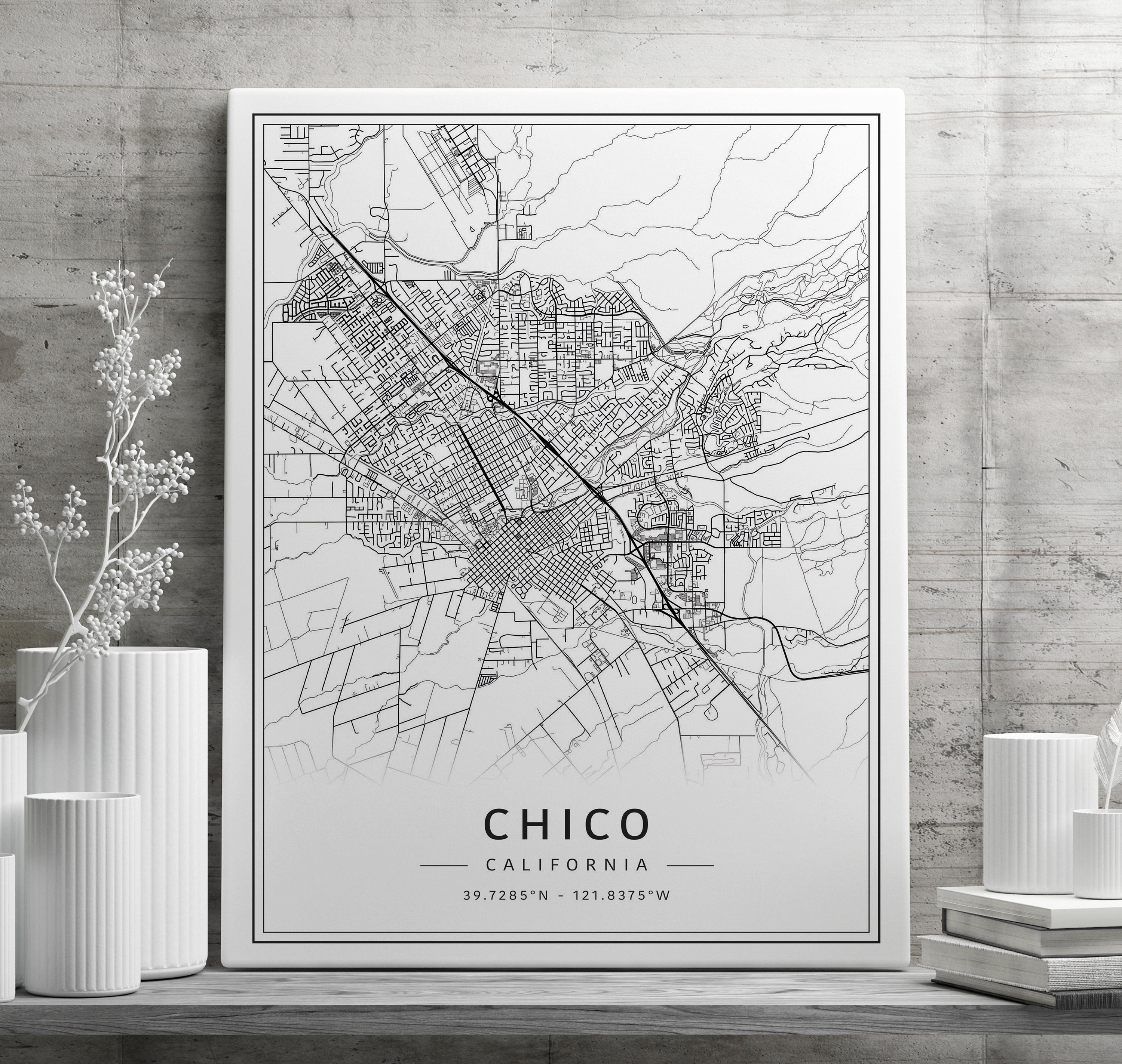 Chico California Street Map Print Acrylic Glass Chico Map Print Canvas ...