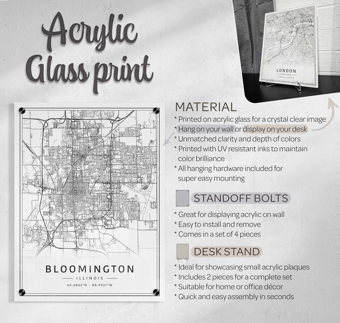 Bloomington IL Street Map Print | Acrylic Bloomington City Map Print ...