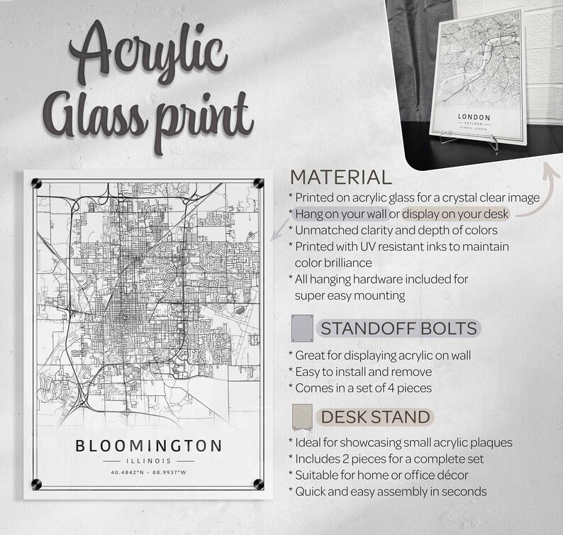 Bloomington IL Street Map Print | Acrylic Bloomington City Map Print ...