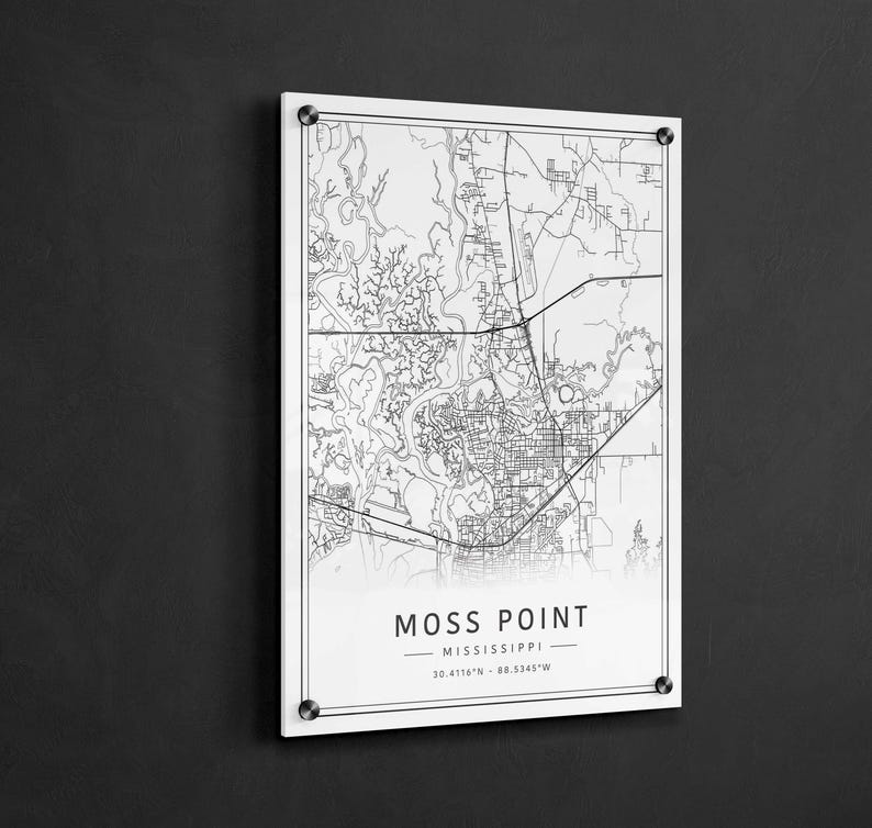 Moss Point MS Street Map Print | Acrylic Glass Moss Point City Map ...