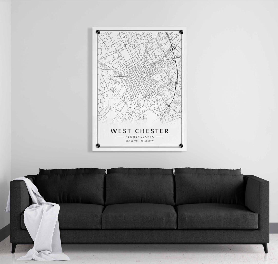 West Chester PA Street Map Print | Acrylic Glass West Chester Map Print ...