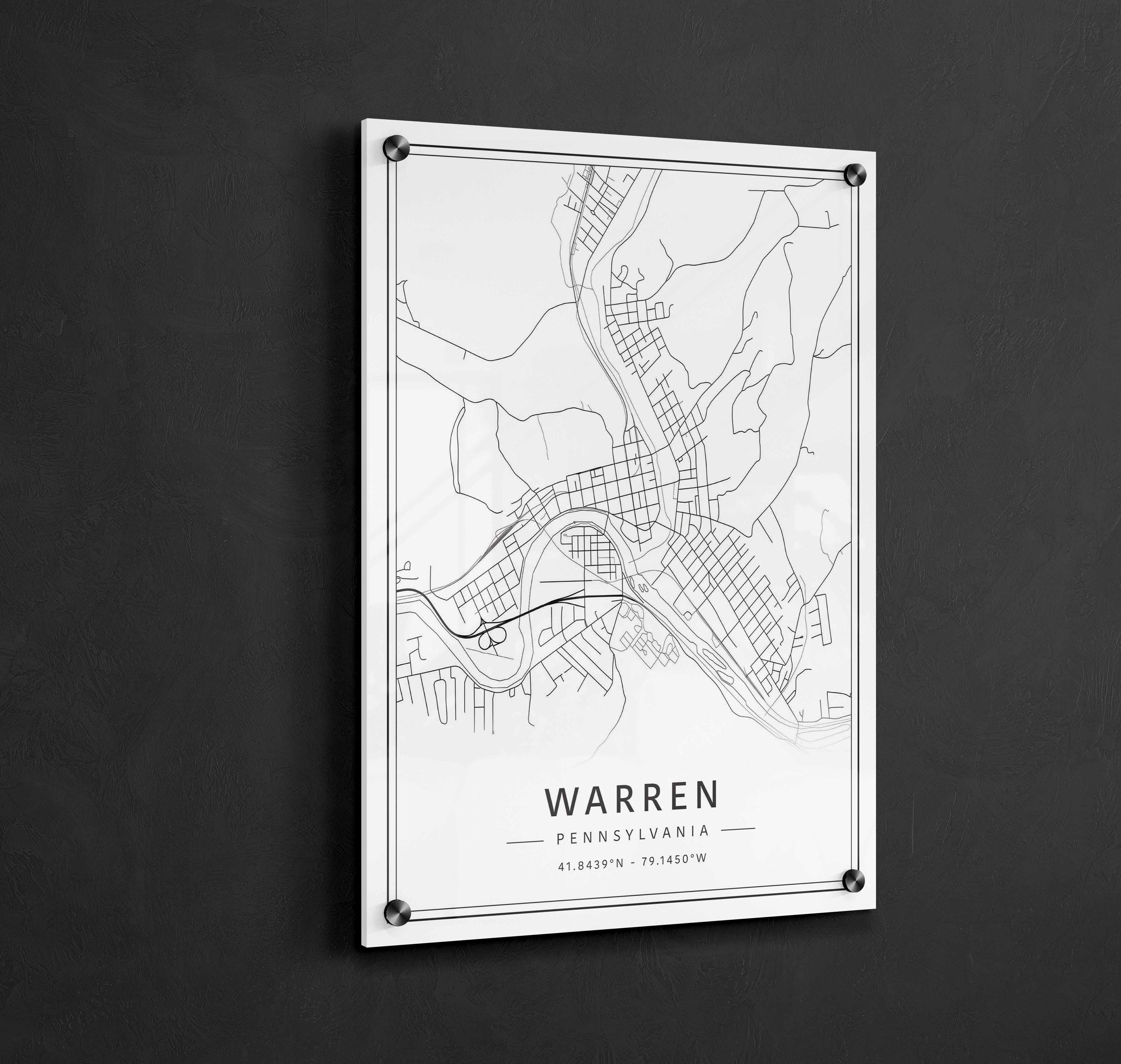 Warren PA Street Map Print | Acrylic Glass Warren Map Print | Canvas ...